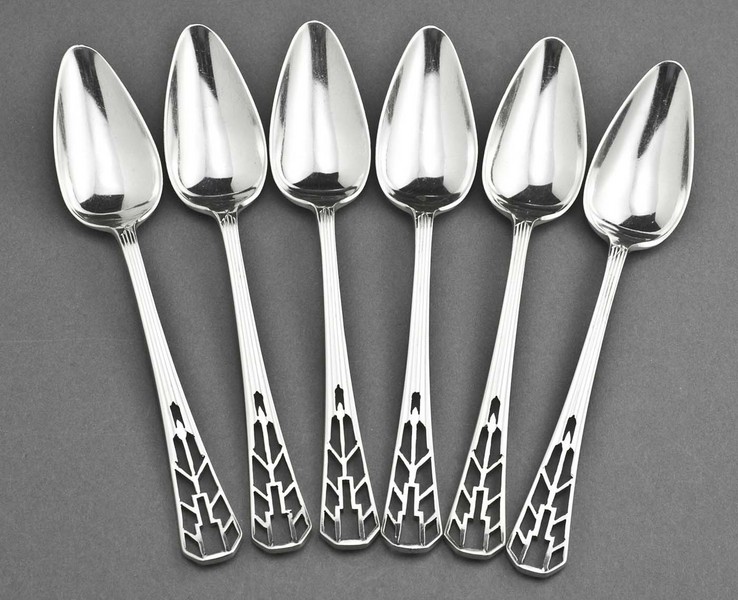 Leopard Antiques Art Deco Pierced Silver Grapefruit Spoons (Set of 6)